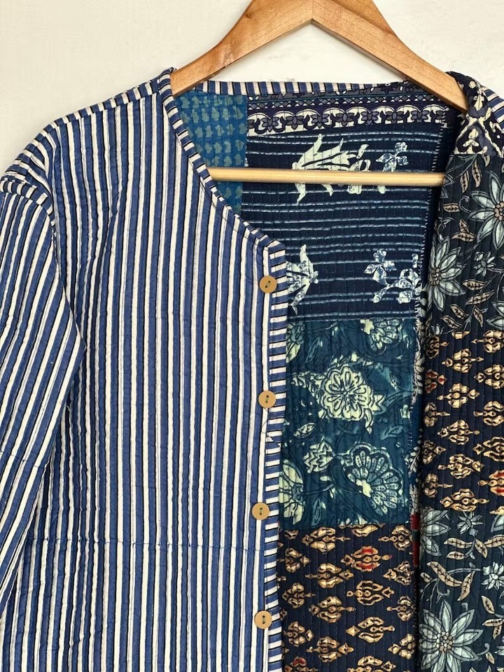 Indian Navy Blue Cotton Jacket Unisex Floral Patchwork Jacket Partywear ...