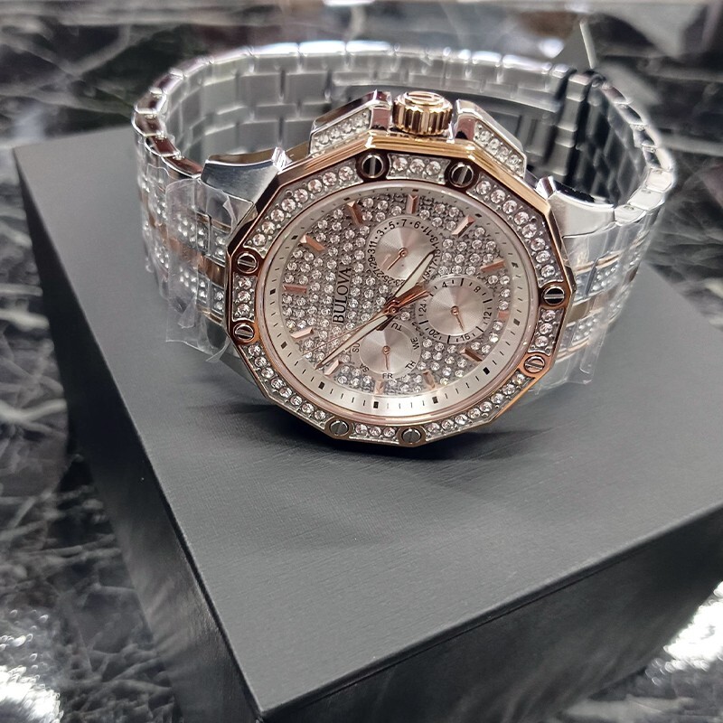 Bulova New 98C133 Men's Crystal Octava Quartz Watch Rose Silver Dial 41 ...