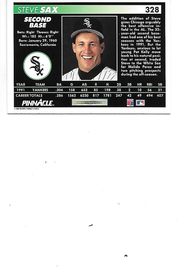 Steve Sax 1992 Pinnacle Baseball Card #328 Chicago White Sox | eBay
