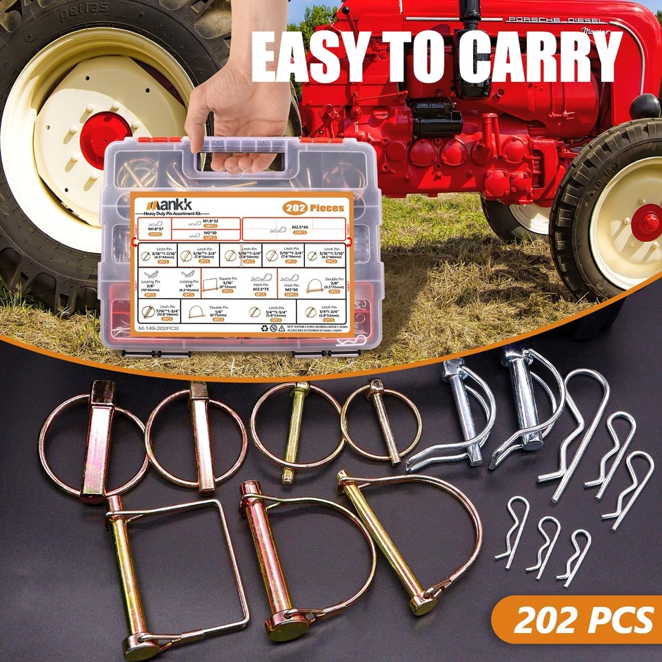 202 PCS Heavy Duty Hitch Pin Clip Assortment Kit, Tractor Linch PTO R ...