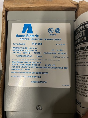 ACME Electric Transformer T181058 120/240VAC 50/60Hz 500V | eBay