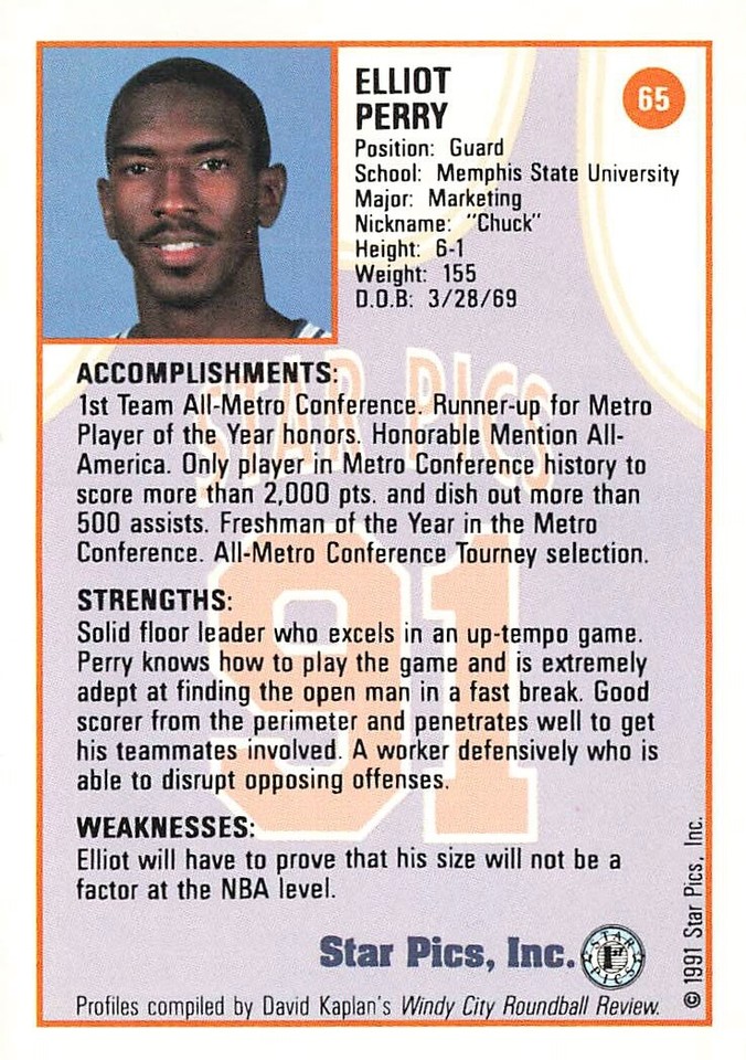 1991 Star Pics Basketball #65 Elliot Perry | eBay