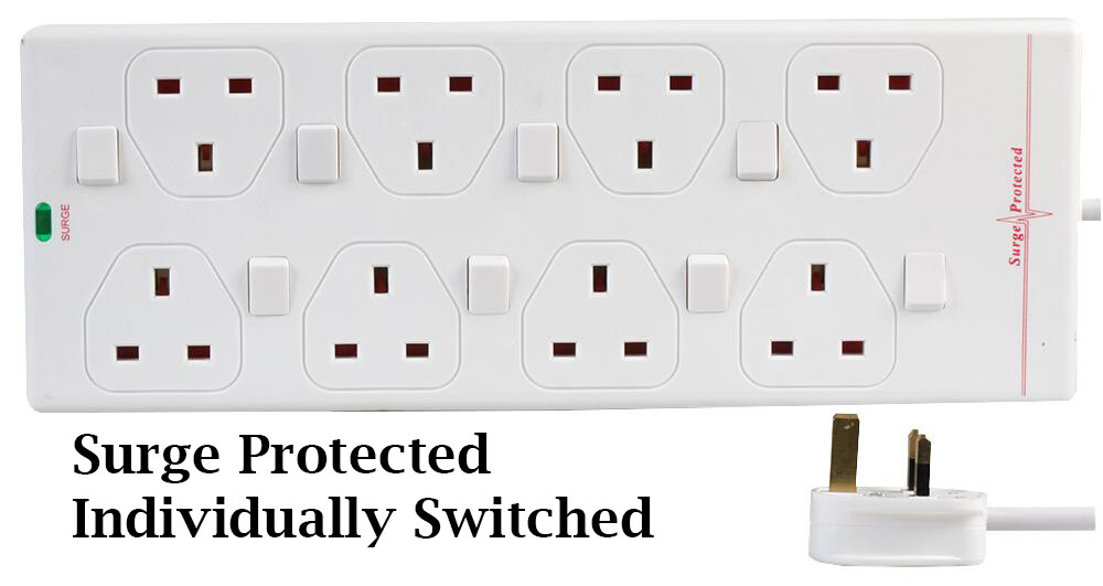 8 Way Mains Surge Protected Extension Lead Switched 1/2/3/5/10 m 8 Gang ...