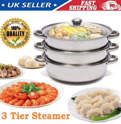 LARGE 28cm 3 Tier Stainless Steel Steam Cooker Steamer Pan Cook Food ...