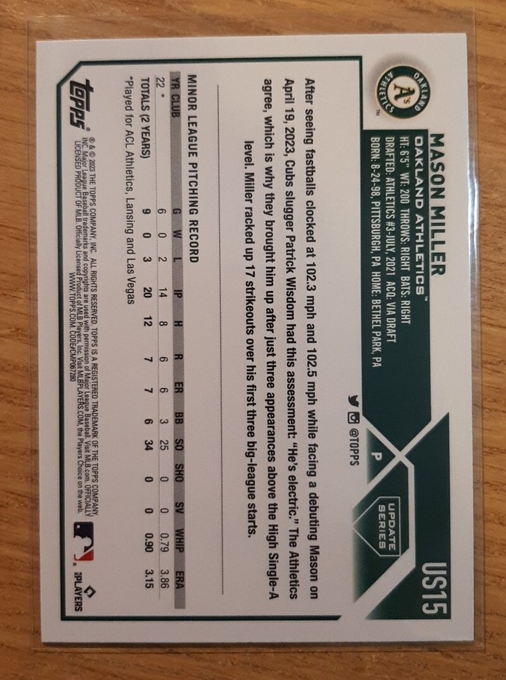 2023 TOPPS UPDATE MASON MILLER ROOKIE #15 OAKLAND ATHLETICS | eBay