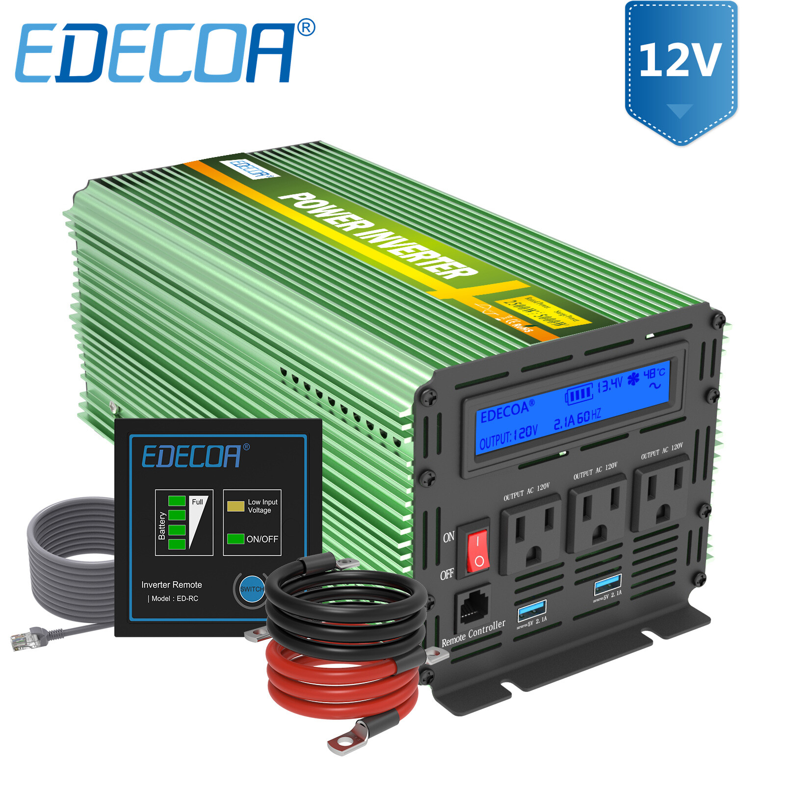EDECOA 2500W 5000 Watt Power Inverter Pure Sine Wave 12V dc to 120V ac ...