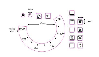 OVEN TEMPERATURE sticker decals with numbers 50-250-Max+13 OVEN SYMBOL ...