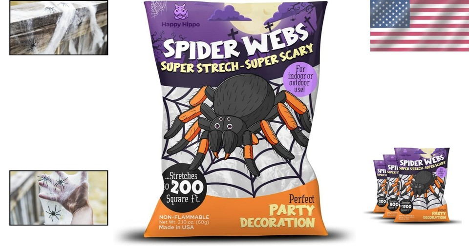 Versatile 200 Sq Ft Halloween Spider Web with Bonus Plastic Spiders ...