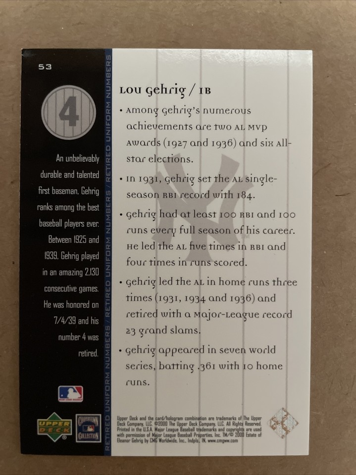 2000 Upper Deck Yankees Legends Magic Numbers Lou Gehrig Baseball Card ...