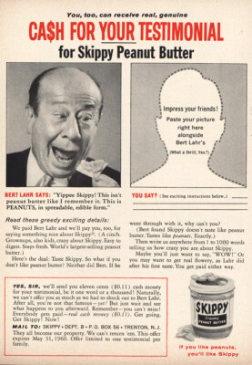 1960 Skippy Peanut Butter: Cash for Your Testimonial Bert Lahr Vintage ...