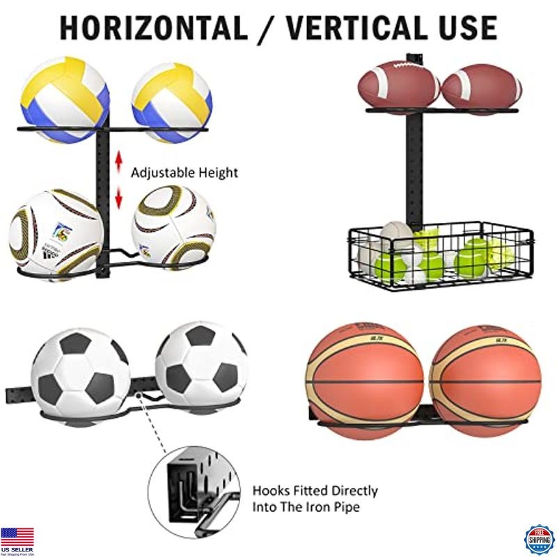 8-Tier Wall Mounted Basketball Rack, Adjustable Soccer Ball Holder, 14 ...