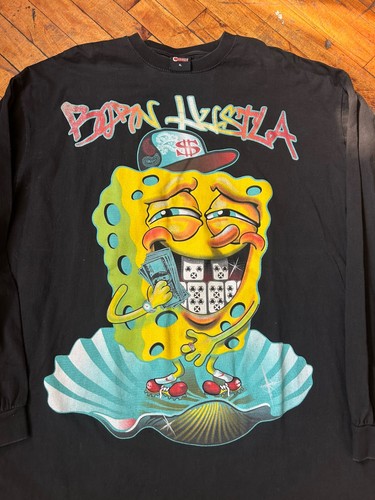 Vintage Gangster Spongebob Tshirt Born Hustla Hip Hop Y2K Cartoon Shirt ...