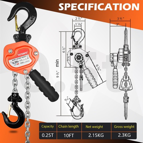 YATOINTO Mini Lever block, 1/4 Ton 5 FT 1.5M Manual Lever Hoist ...