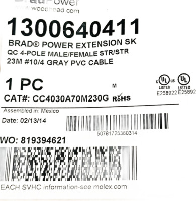 1300640411 Cable Assembly Power Extension SK QZ 4-Pole Male/Female STR ...