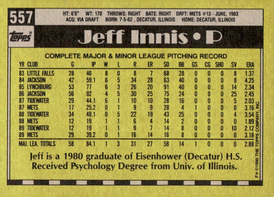 1990 Topps #557 Jeff Innis - New York Mets | eBay