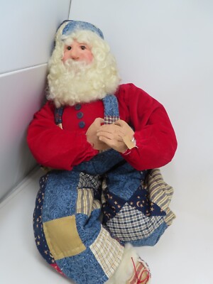 Vtg Stuffed Patchwork Quilt SANTA Sculpted Face Resin 25" Posable | eBay