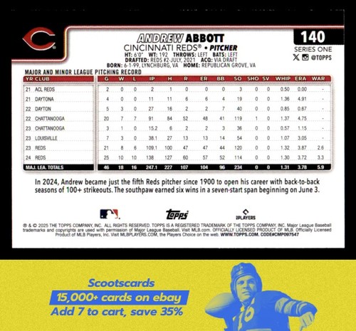 2025 Topps Baseball Andrew Abbott card #144 Cincinnati Reds Ships by ...
