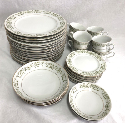 Allegro Fine China Of Japan Green White Plates Bowls Cups Gold Trim 38 ...
