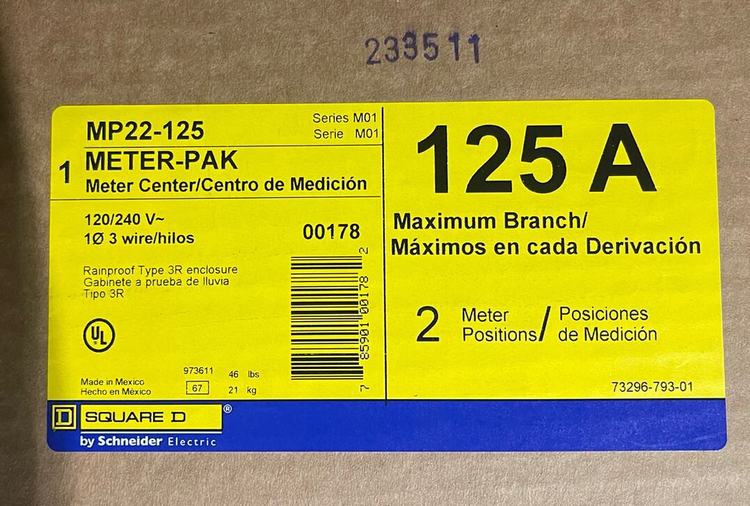 Square D MP22125 200 Amp w/2 Gang 125A Meter OH/UG MP22-125 EUSERC as ...