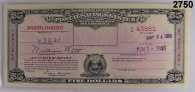 1939 POSTAL SAVINGS SYSTEM OF UNITED STATES OF AMERICA $5.00 BRIDGEPORT ...