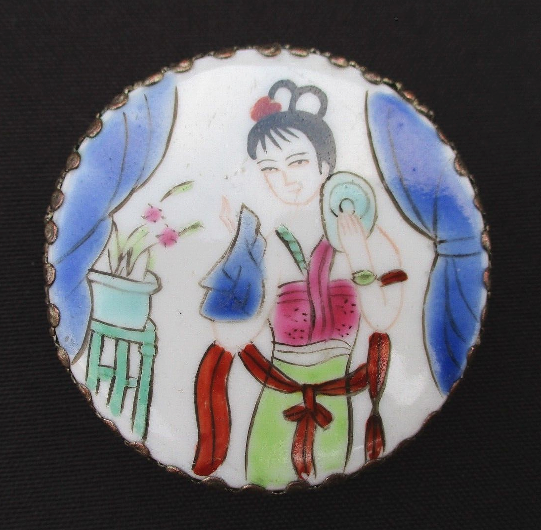 VTG SMALL ROUND PORCELAIN & SILVER TONE CHINESE SNUFF TRINKET PILL BOX ...