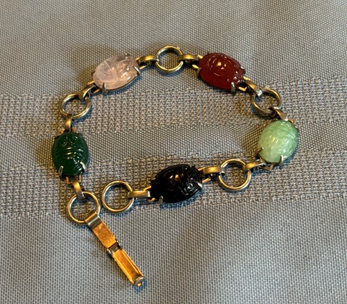 Charming Vintage Silver Tone Multi-Color Carved Scarab Stone Cabochon ...