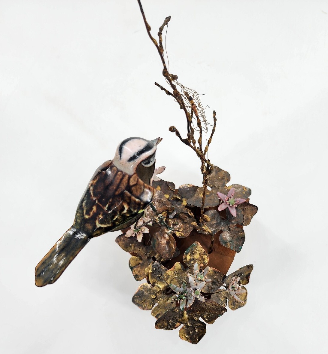 Norman Brumm Enamel Copper Sparrow Bird on Wood Raw Leaves Spider Web ...