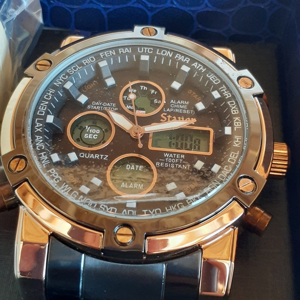 Stauer Due Volta Model 52318 Chronograph Watch Men Rose Gold Tone Black ...