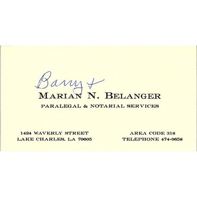 Barry & Marian N Belanger Paralegal Lake Charles LA Business Card STK2 ...
