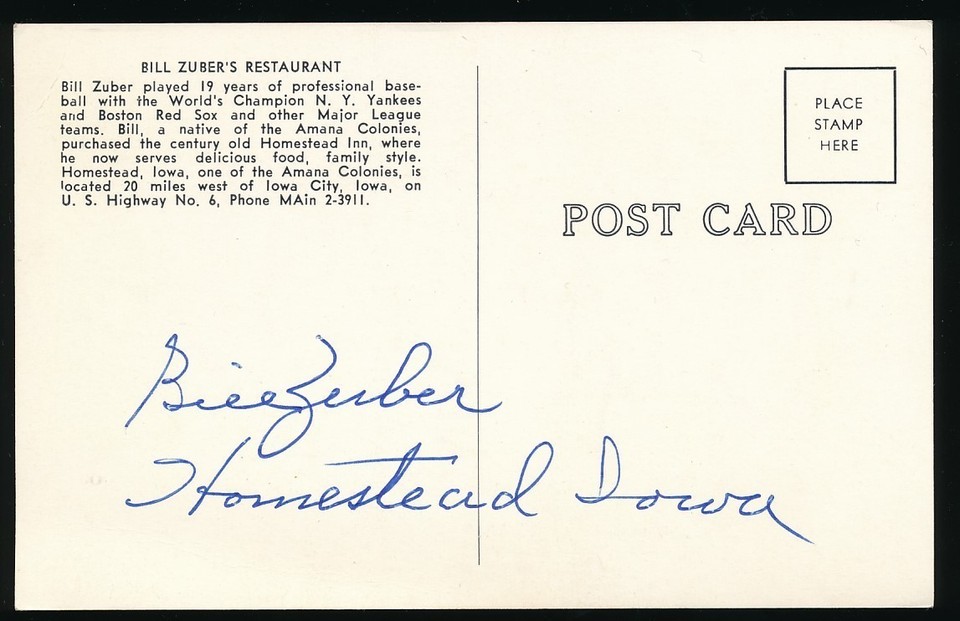 Bill Zuber's Restarant -BILL ZUBER (Yankees) -*Autographed* (d.1982 ...