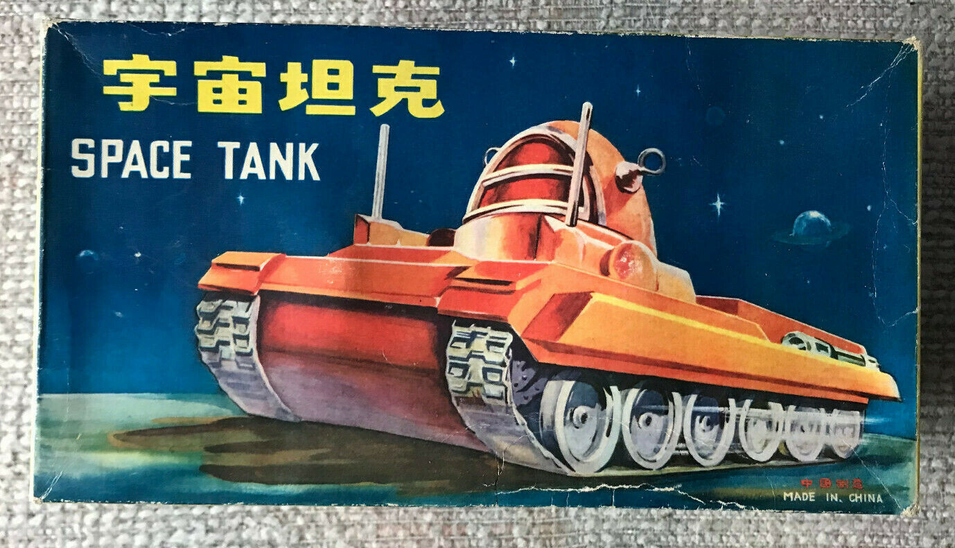 VINTAGE BATTERY OPERATED SPACE TANK SPACE TOY TIN LITHO IN ORIGINAL BOX ...