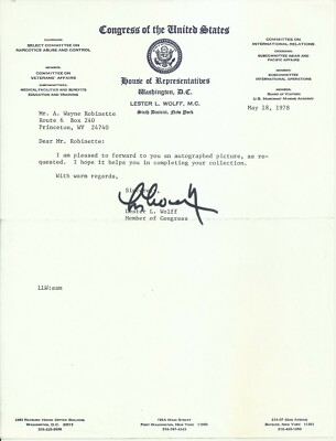 Lester L. Wolff - U.S. Representative Original Autograph Signed 1978 ...