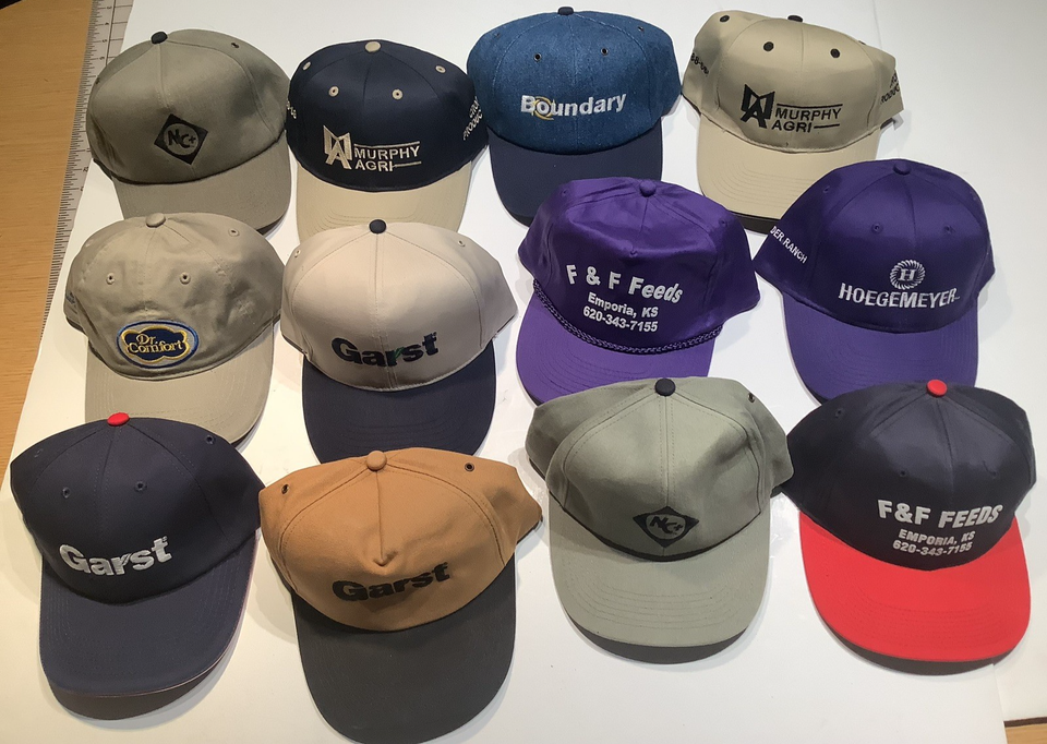 LOT OF 12 VINTAGE BASEBALL CAPS CANVAS AG RANCH LOGOS NEVER WORN FREE ...