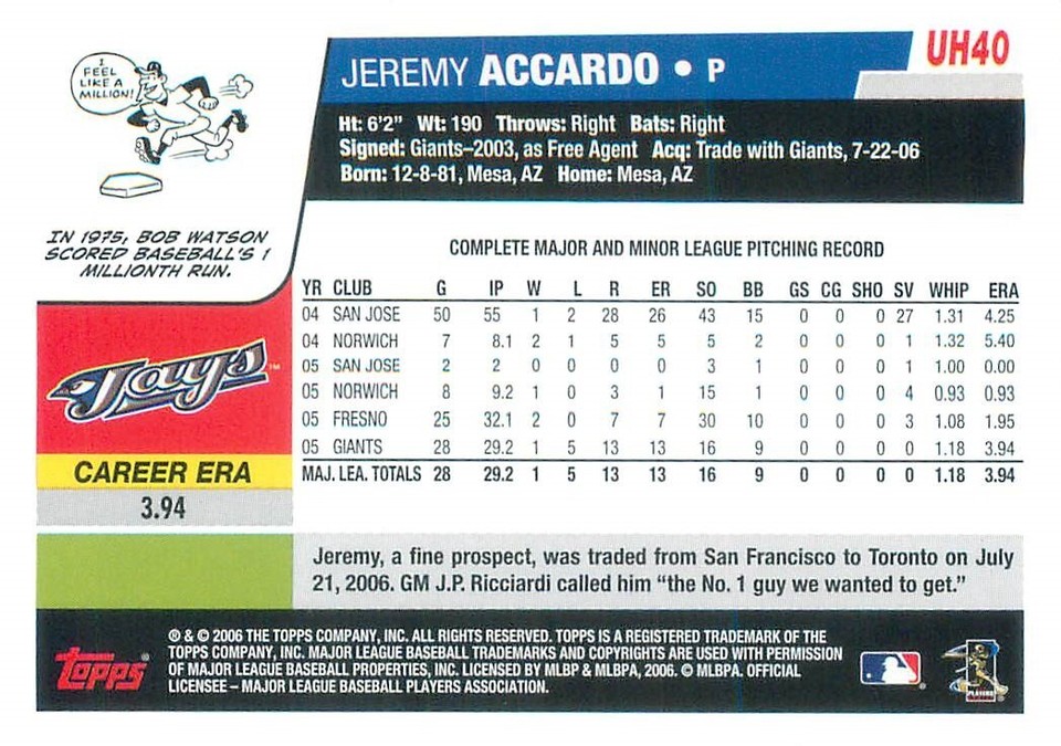 Jeremy Accardo 2006 Topps Updates & Highlights #UH40 | eBay