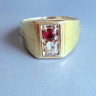 14k Gold Genuine Diamond & Ruby Men’s Vintage Retro MCM Signet Large ...