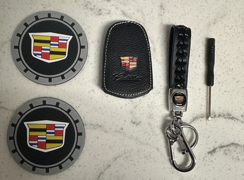 Leather Car Key Case Cover Fob For Cadillac With Key Chain &cup ...