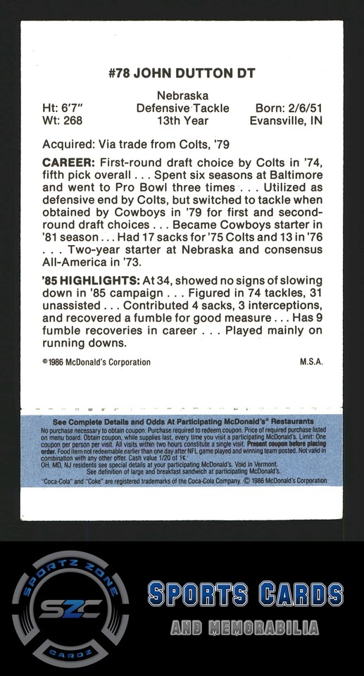 John Dutton - 1986 McDonald's Dallas Cowboys Blue Tab | eBay