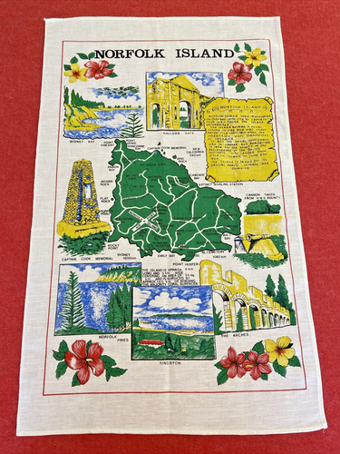 Vintage Linen Tea Towel Historical Norfolk Island Pattern Topographical ...