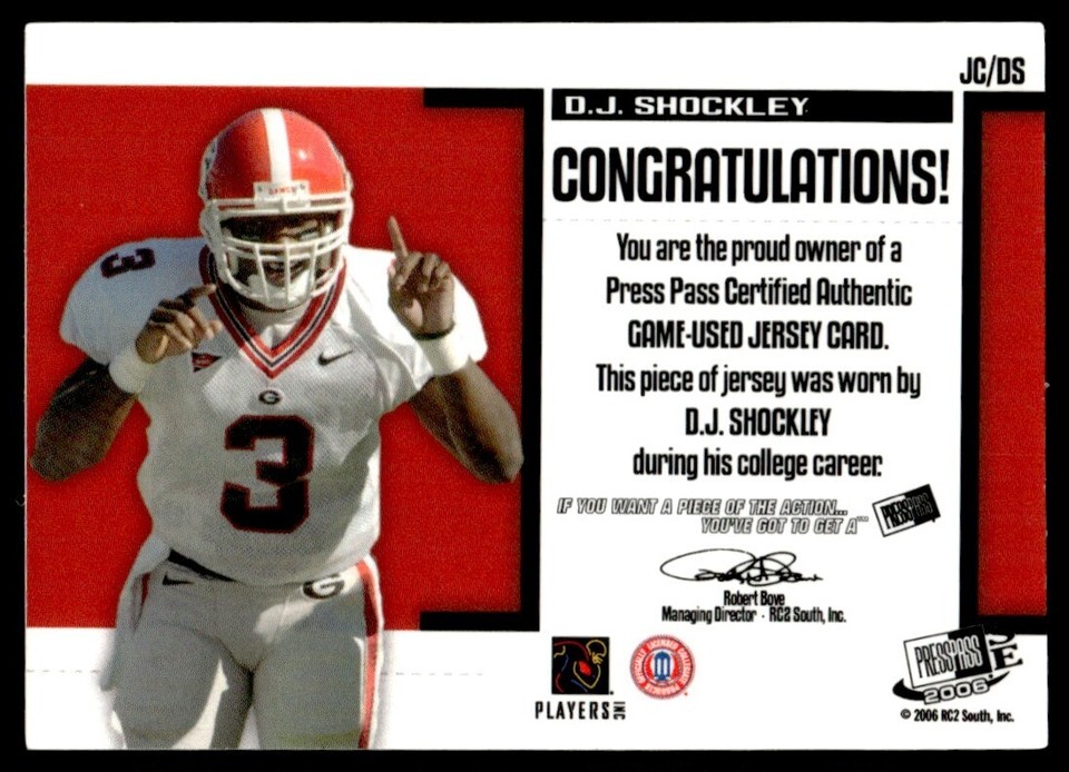 2006 Press Pass D.J. Shockley Rookie 45/99 Georgia Bulldogs #JC/DS Game ...