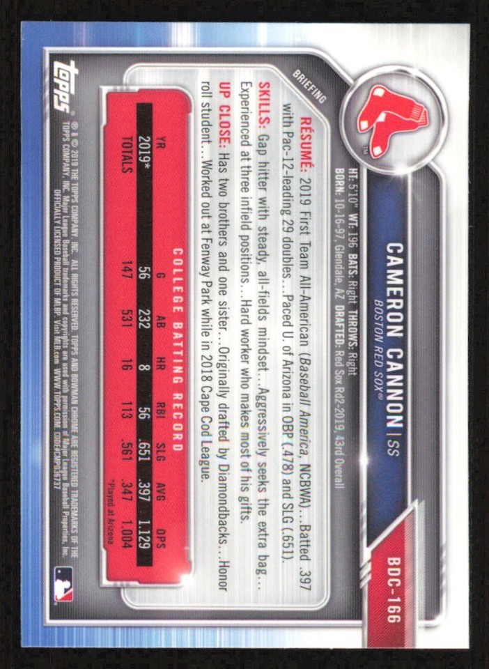 2019 Bowman Chrome CAMERON CANNON 1st Year card BOSTON RED SOX Baseball ...