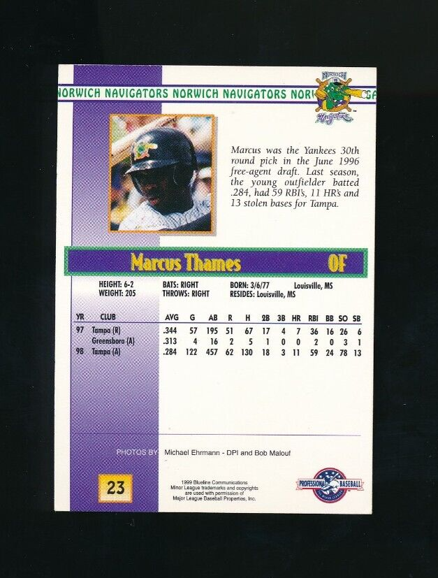 1999 Norwich Navigators Blueline Marcus Thames signed auto autograph ...