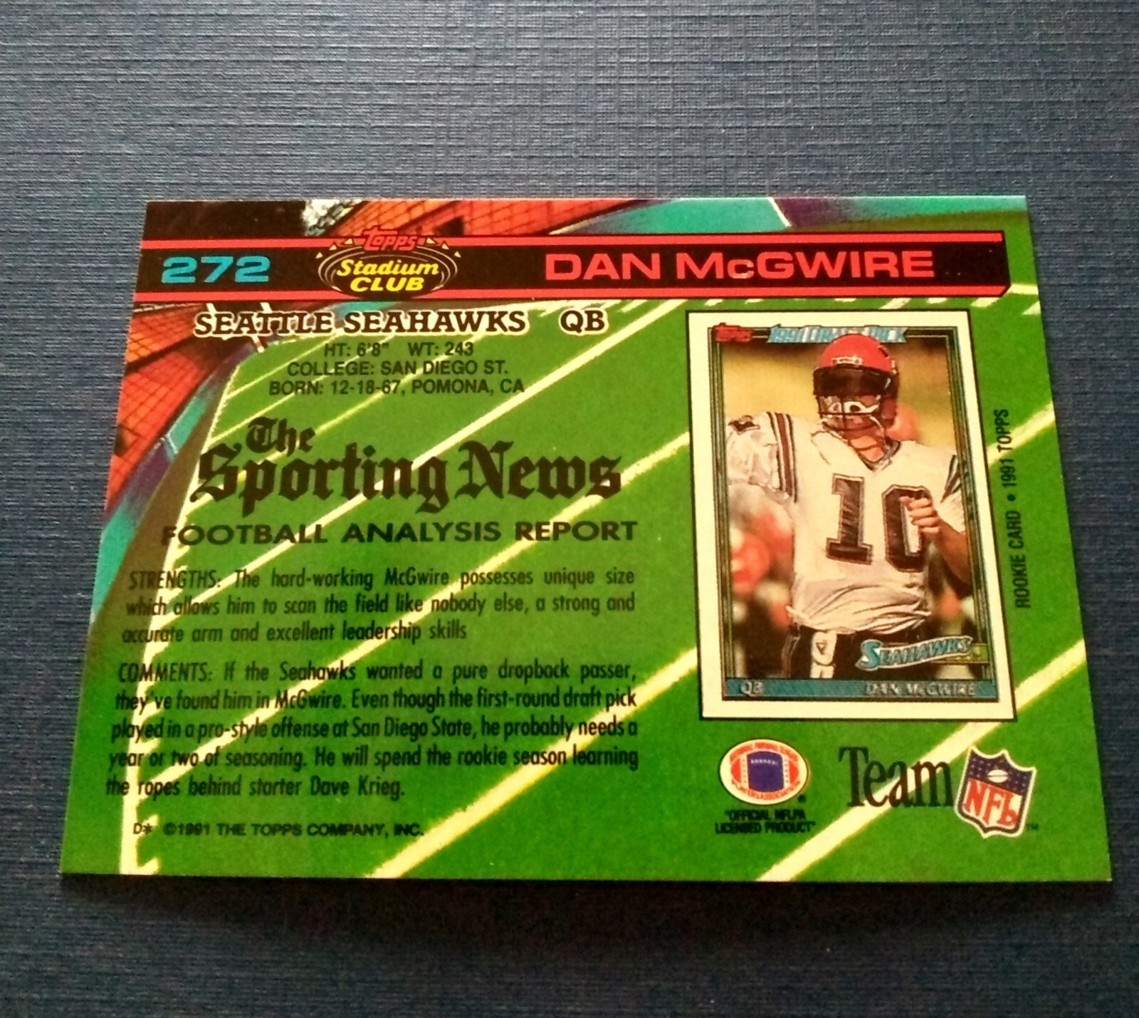 1991 Stadium Club Football Dan McGwire Rookie Card #272 Set Break NM-MT ...