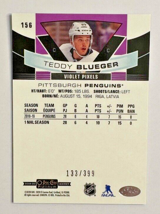 Teddy Blueger 2019-20 O-Pee-Chee Platinum VIOLET PIXELS RC #156 ...