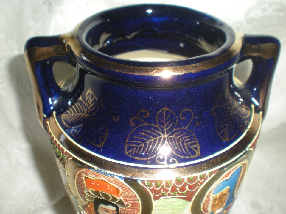 Japanese Satsuma Moriage Vase Hand Painted Cobalt Blue with Handles | eBay