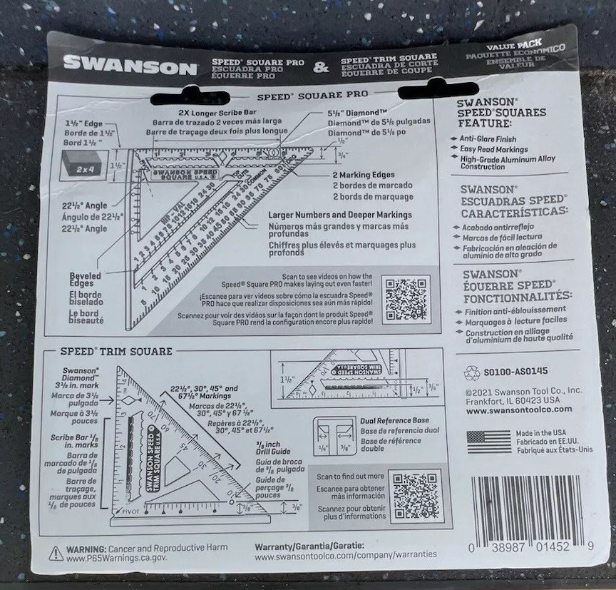 Swanson 7" Speed Square Pro & 4.5" Trim Square ,MADE IN THE USA, *2PACK ...