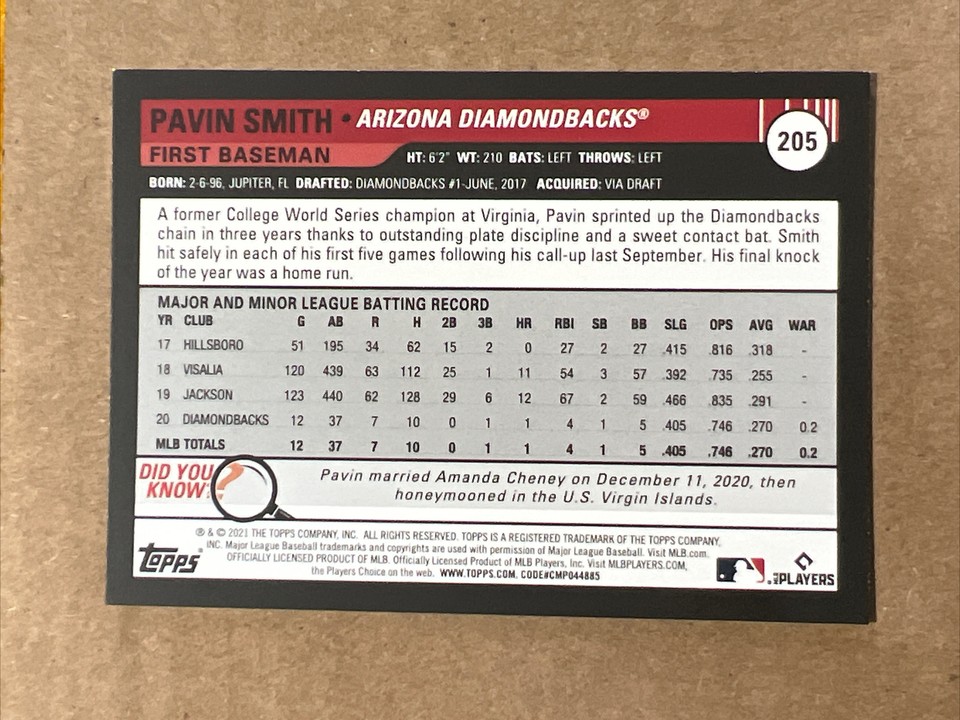 2021 Topps Baseball card # 205 Pavin Smith Rookie Card Arizona ...