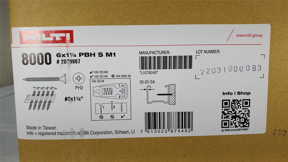 Hilti 2133717 Drywall Screw Strips 6 x 1 1/4 in - PBH S HI/LO M1 - 8000 ...