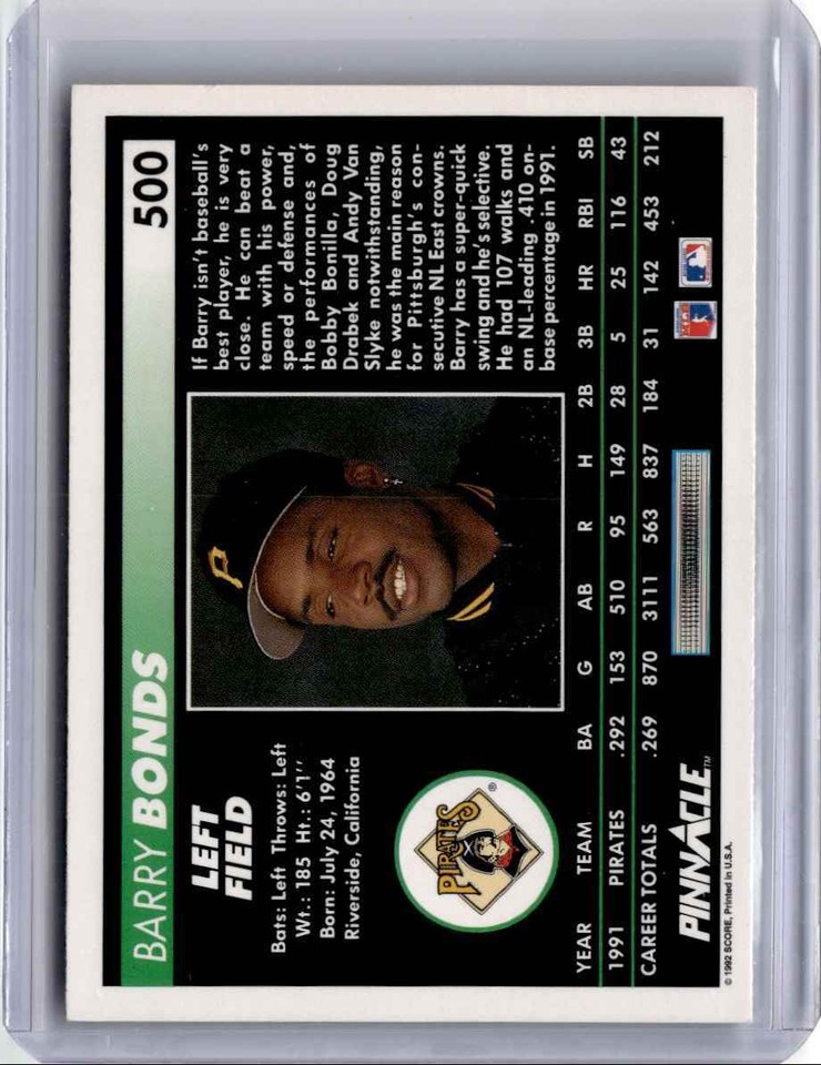 1992 Pinnacle Barry Bonds Baseball Card Pittsburgh Pirates #500 | eBay