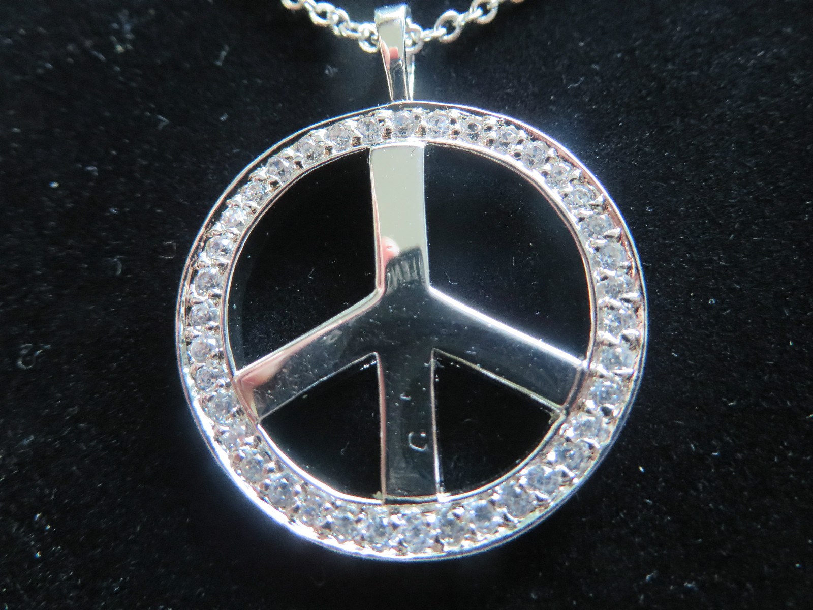 SILVER PEACE CND DIAMANTE PENDANT NECKLACE pendant 3cm chain 54 cm New ...