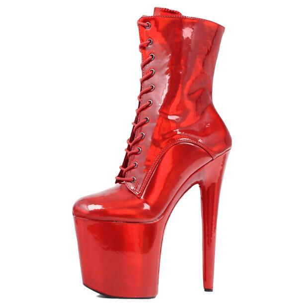 Womens Fashion 20cm Super High Heels Round Toe Lace Up Boots Shiny ...